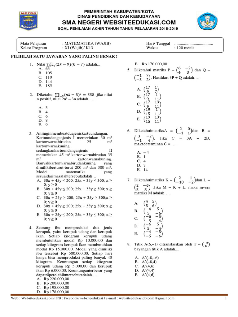 Soal PAT MTK Kelas 11 2019 | PDF