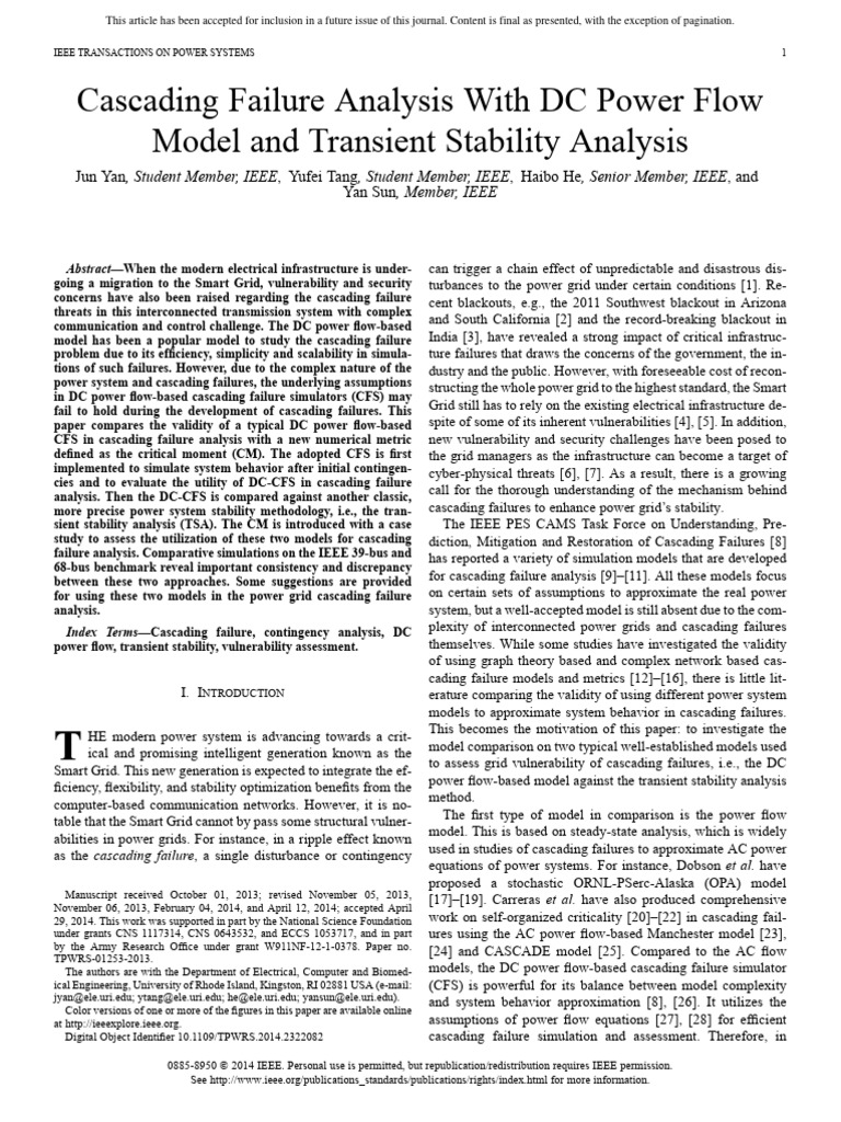Cascading Failure Analysis With DC Power Flow Model and Transient Stability Analysis | PDF ...