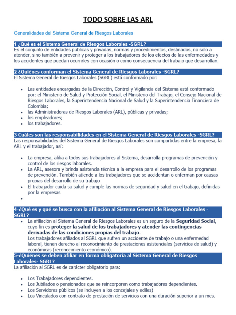 Todo Sobre Las Arl | Descargar gratis PDF | Derecho laboral | Pensión
