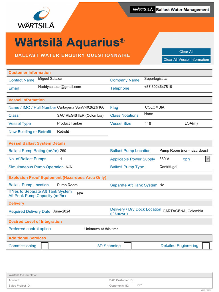 Wartsila BWMS Questionnaire | PDF