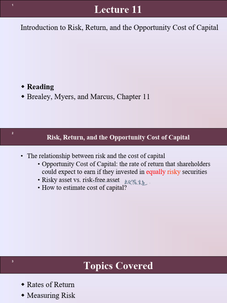 Lec 11 Handout | PDF | Cost Of Capital | Risk Premium