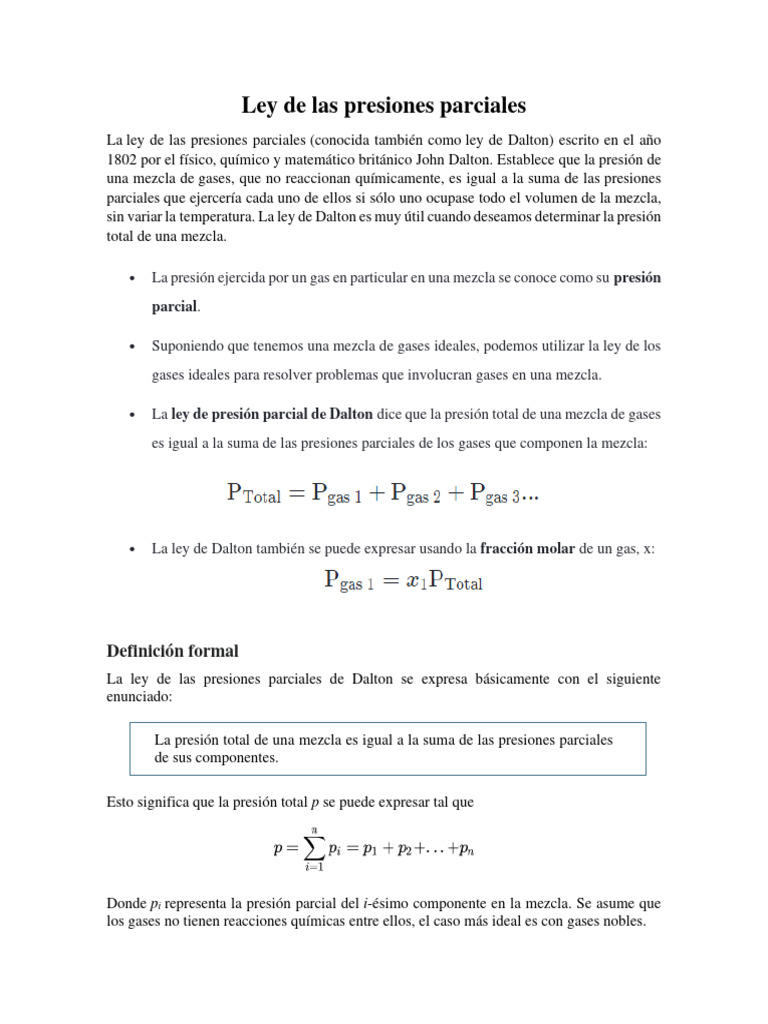 Ley de Dalton y presiones parciales de gases | PDF | Gases | Mecánica