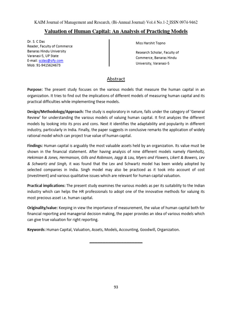Human Capital Valuation Models in India | PDF | Valuation (Finance ...