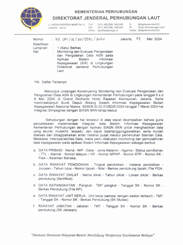 Surat Pemutakhiran MonEv Data ASN 2024 | PDF