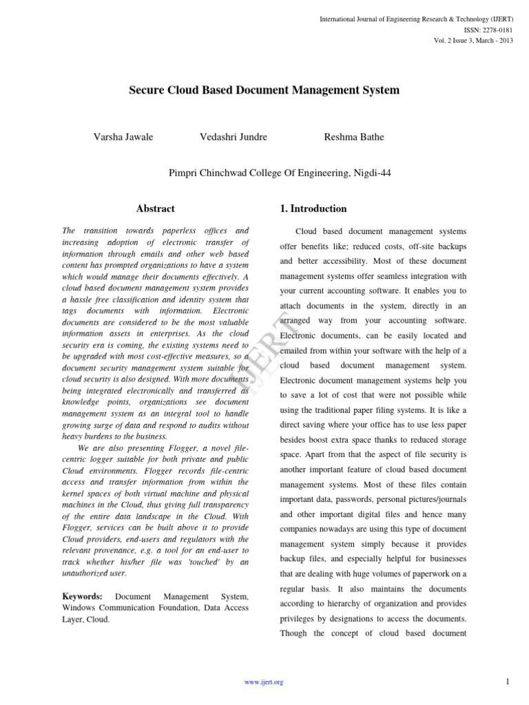 Secure Cloud Based Document Management System Ijertv2is3039 Pdf Cloud Computing Computer File
