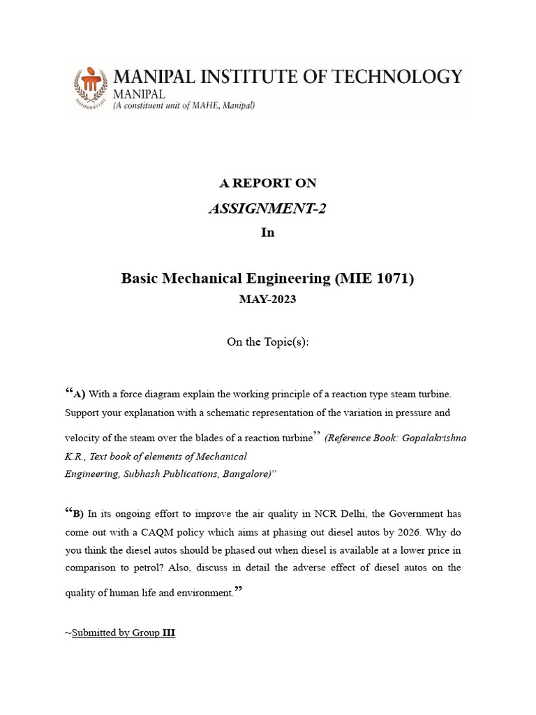 Bme Assignment-2 Group-3 | PDF | Turbine | Diesel Fuel