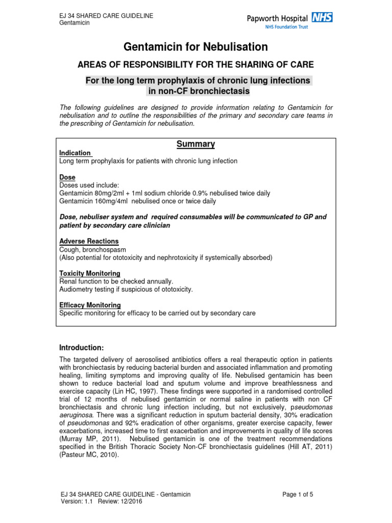 Gentamicin Nebulization Guidelines for Bronchiectasis | PDF | Clinical ...