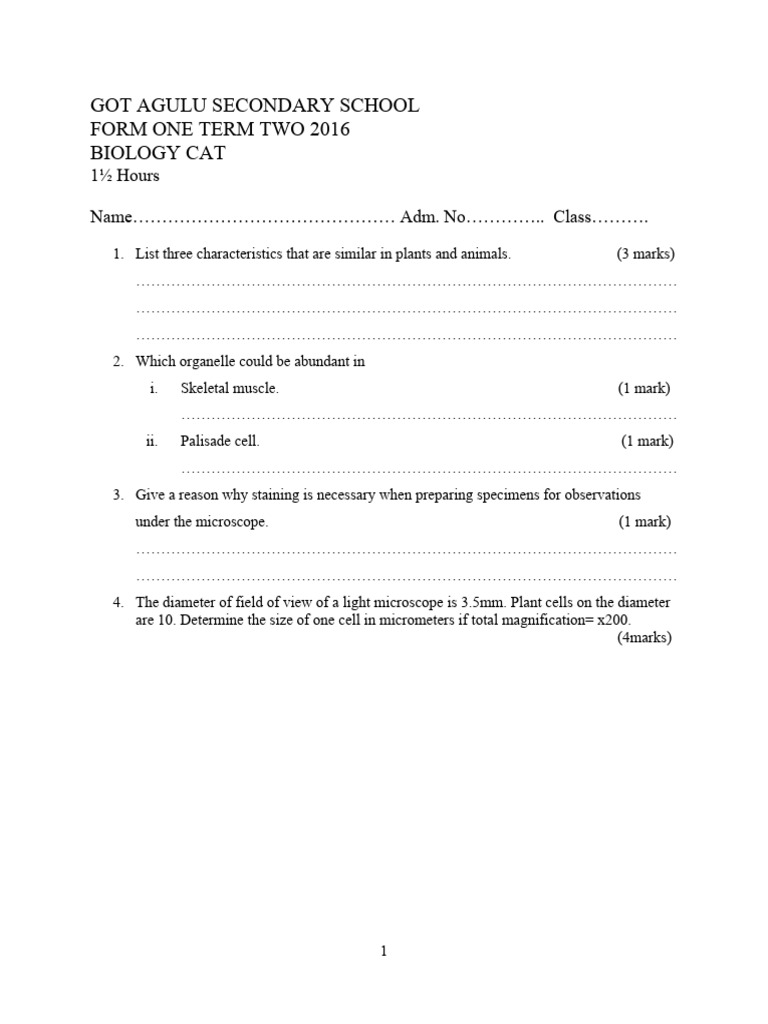 Bio f1 Term 2 CAT 2016 | PDF | Biology