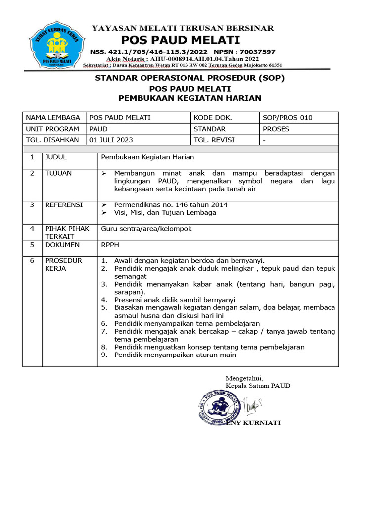 Standar Operasional Prosedur (Sop) Pembelajaran | PDF