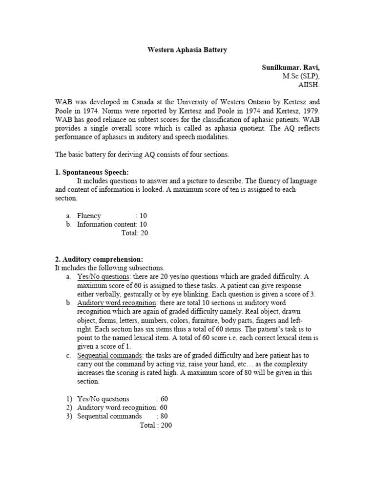 Microsoft Word - WAB | PDF | Aphasia | Speech