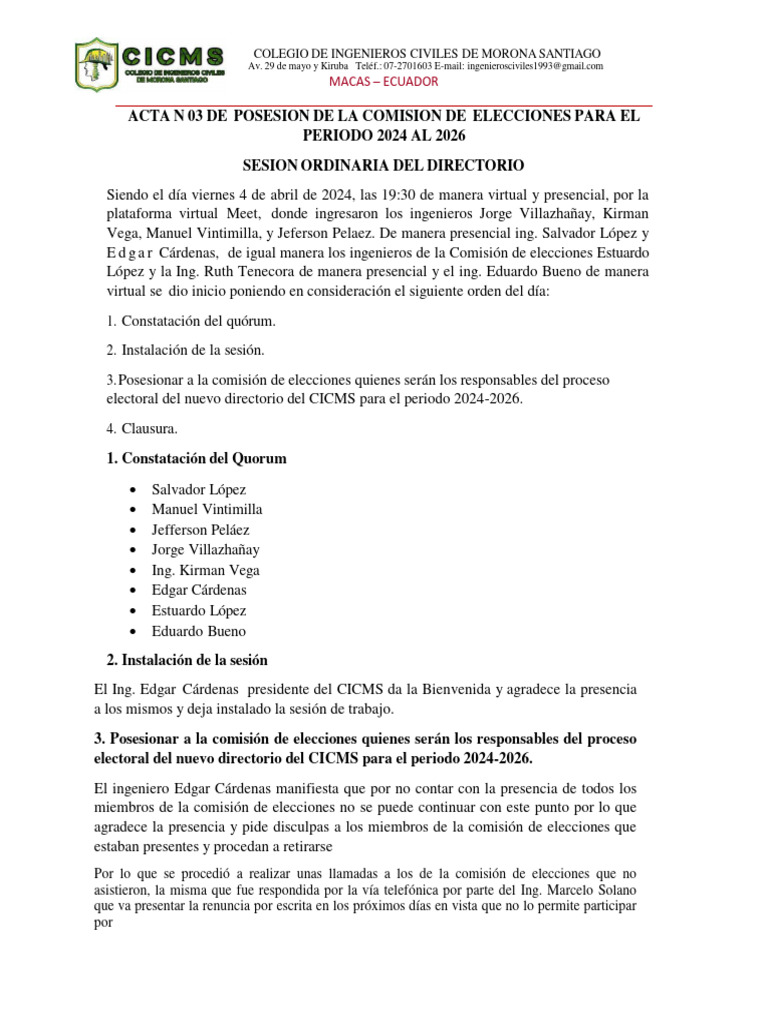 ACTA 03 COMSION ELECCIONES 2024-Signed-Signed | PDF | Gobierno