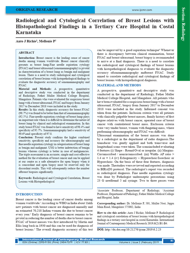 Radiological and Cytological Correlation of Breast Lesions With ...