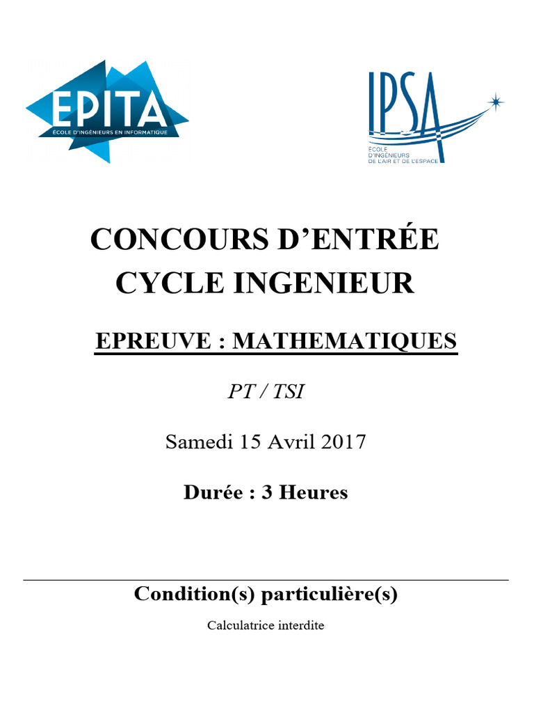 Concours Mathématiques Ingénieur 2017 | PDF | Limite (mathématiques ...