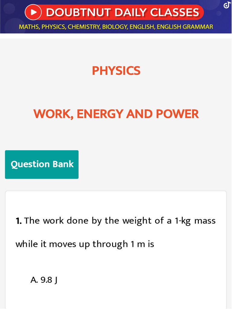 Physics Questions ( (Work and Energy) ) | PDF | Kinetic Energy | Mass