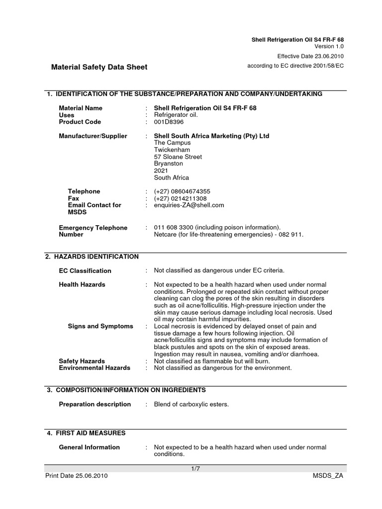 Excellent MSDS Shell HFC 134a Oil POE 68 | PDF | Personal Protective ...