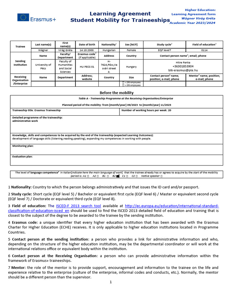 Erasmus Traineeship Learning Agreement 2023 | PDF | Academic Degree