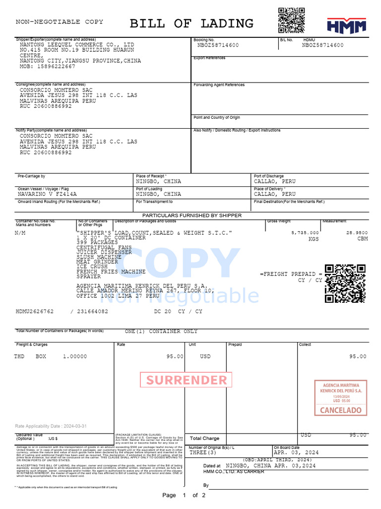 Bill of Lading: Non-Negotiable | PDF | Bill Of Lading | Cargo