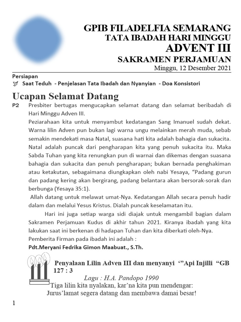 Tata Ibadah Advent III & Perjamuan Kudus 2021 | PDF | Agama & Spiritualitas