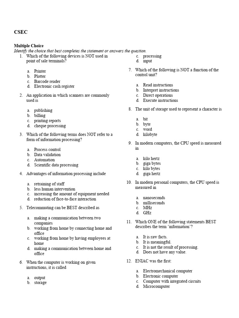 Csec It Multiple Choice | PDF | Computer Data Storage | Floppy Disk
