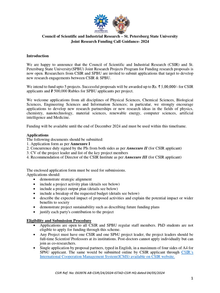 CSIR-SPbU, Russia Joint Call Announcement 2024 | PDF | Intellectual ...