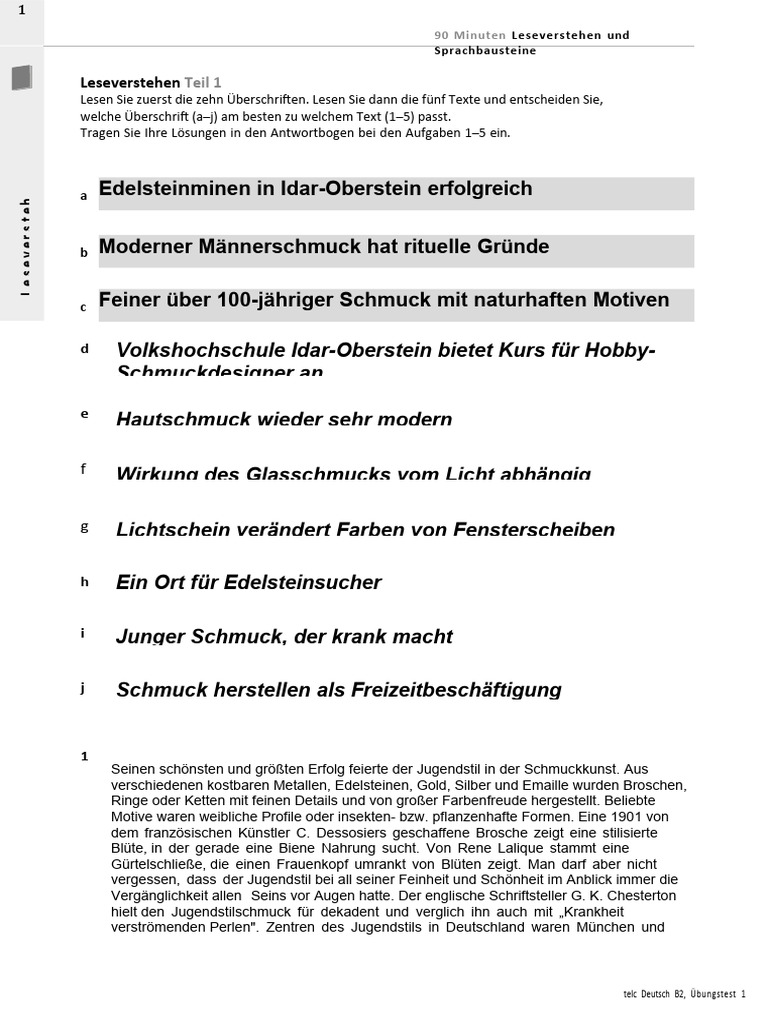 Modelltest 1 b2 Allgemein Leseverstehen Deutsch Telc | PDF