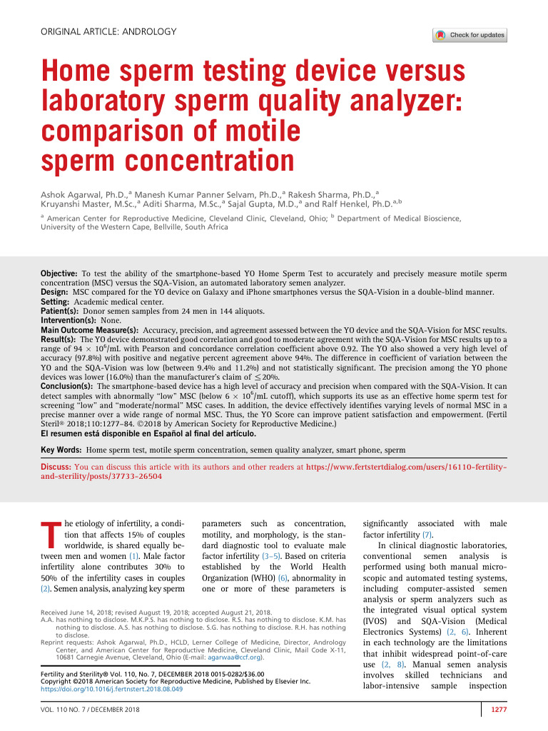 Home Sperm Testing Device Versus Laboratory Sperm Quality Analyzer ...