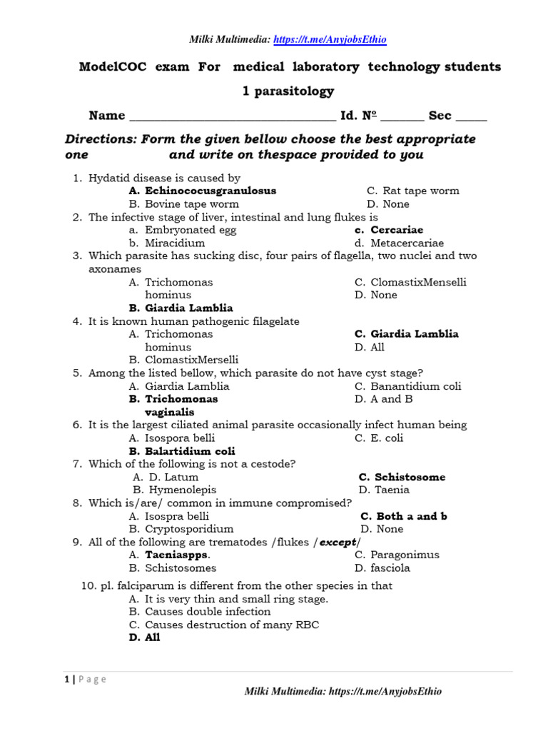 COC EXAM MODEL For MLT 1st Cycle | PDF | Immune System | Lipoprotein