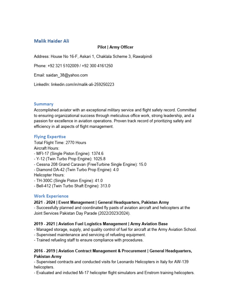 Polished CV Malik Haider Ali | PDF | Aviation | Pakistan