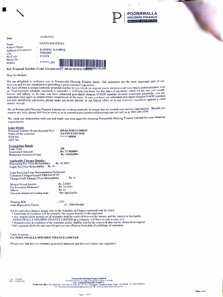 Sanction Letter Poonawalla | PDF | Interest | Loans