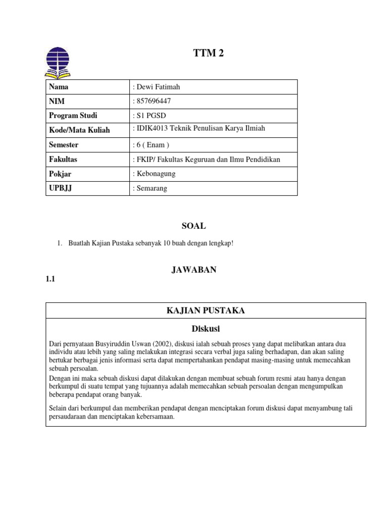 TTM 2 Teknik Penulisan Karya Ilmiah Dewi Fatimah 857696447 | PDF