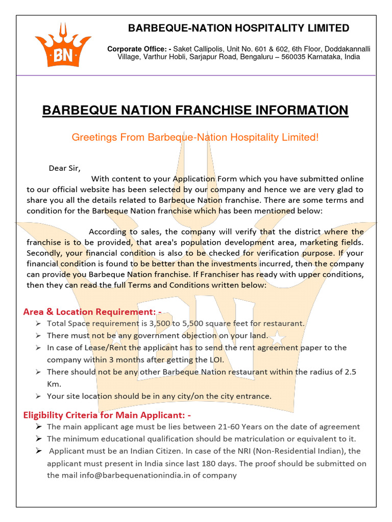 Barbeque Nation Franchise Information | PDF | Franchising