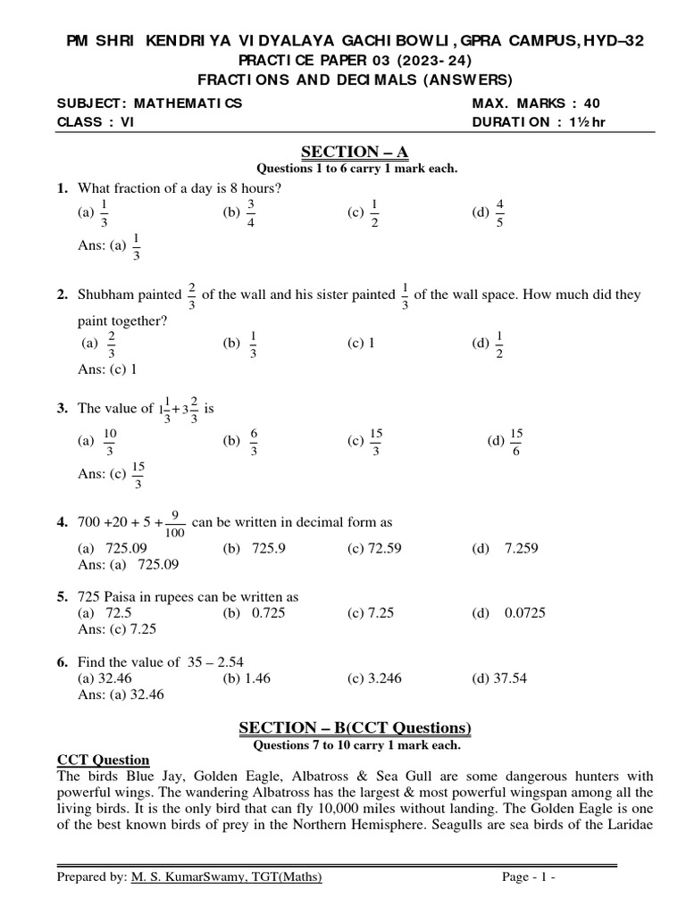 Maths Class VI Practice Test 03 Fractions and Decimals Answers | PDF ...