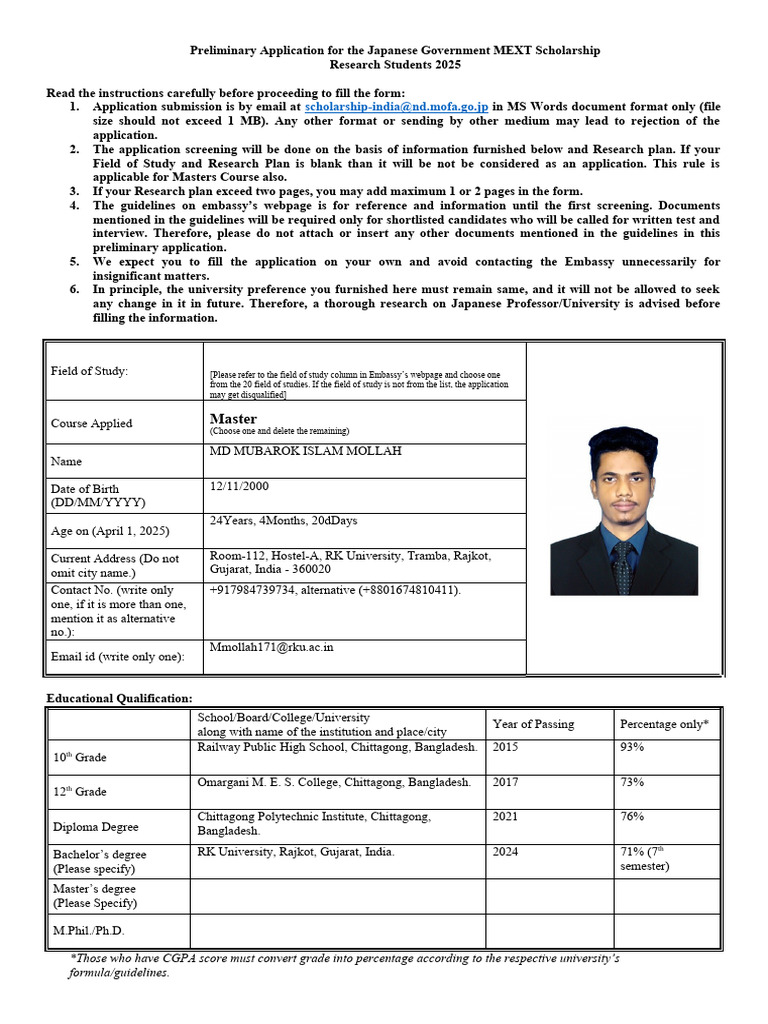 Preliminary Application Form 2025 (R) | PDF | Academic Degree | Educational Stages