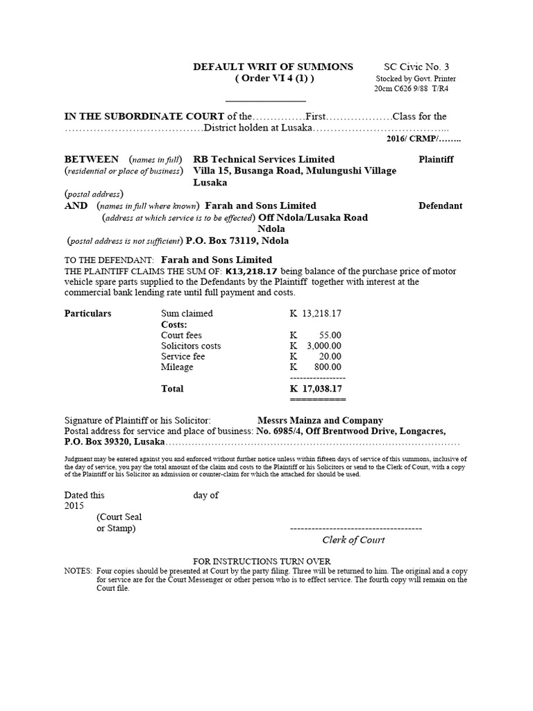 Default Writ of Summons in Zambia | PDF | Summons | Affidavit