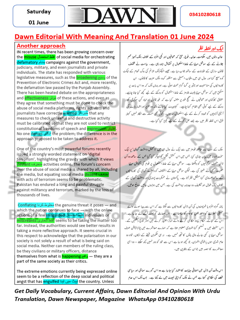 June 01 Dawn Editorial With Urdu Translation | PDF
