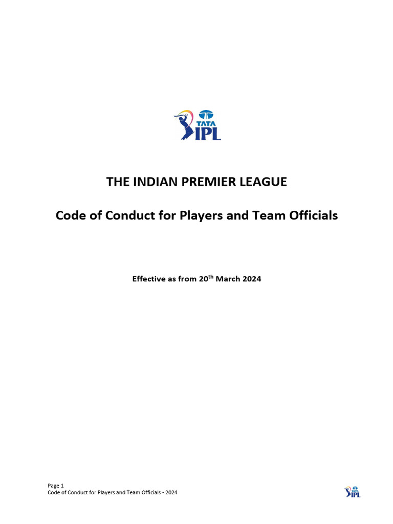 TATA IPL 2024 Code of Conduct For Players and Team Officials | PDF ...
