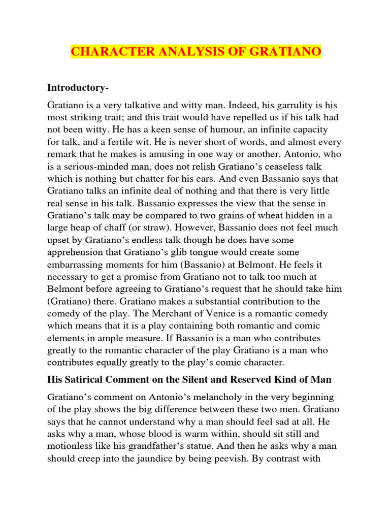 Character Analysis of Gratiano | PDF | The Merchant Of Venice | British ...