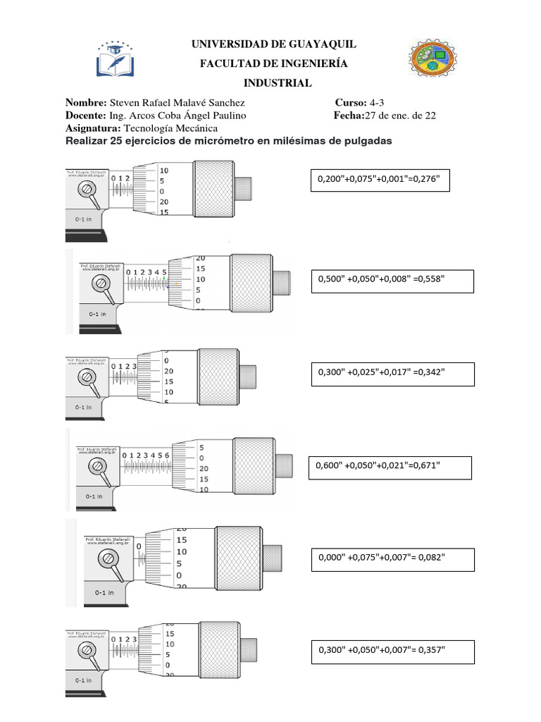 Ejercicios de Micrometro en Milésimas de Pulgadas | PDF