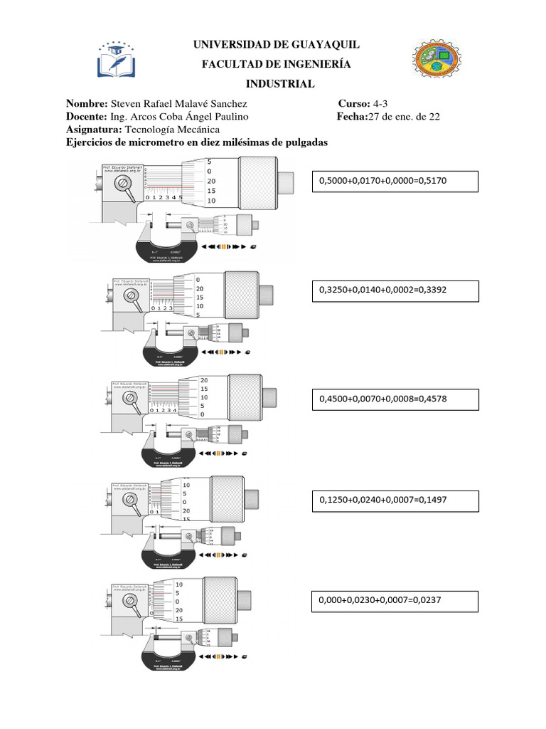 Ejercicios de Micrometro en Diez Milésimas de Pulgadas | PDF