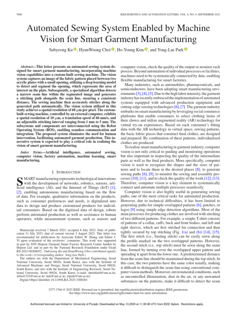 Automated Sewing System Enabled by Machine Vision For Smart Garment Manufacturing | PDF ...