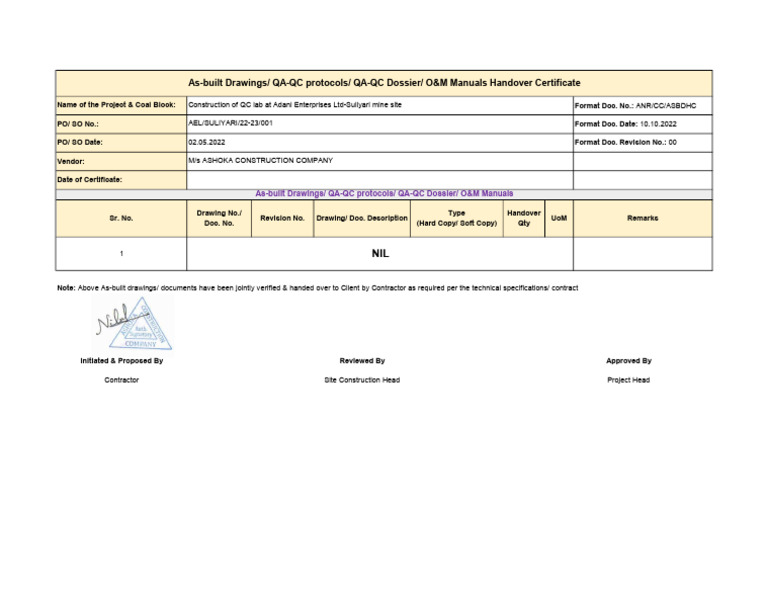 AS Built Handover Certificate | PDF
