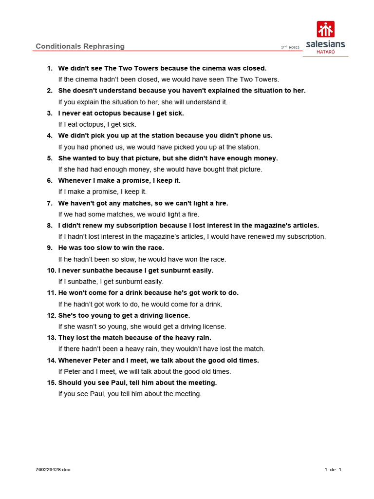 Rephrasing Conditionals Pdf