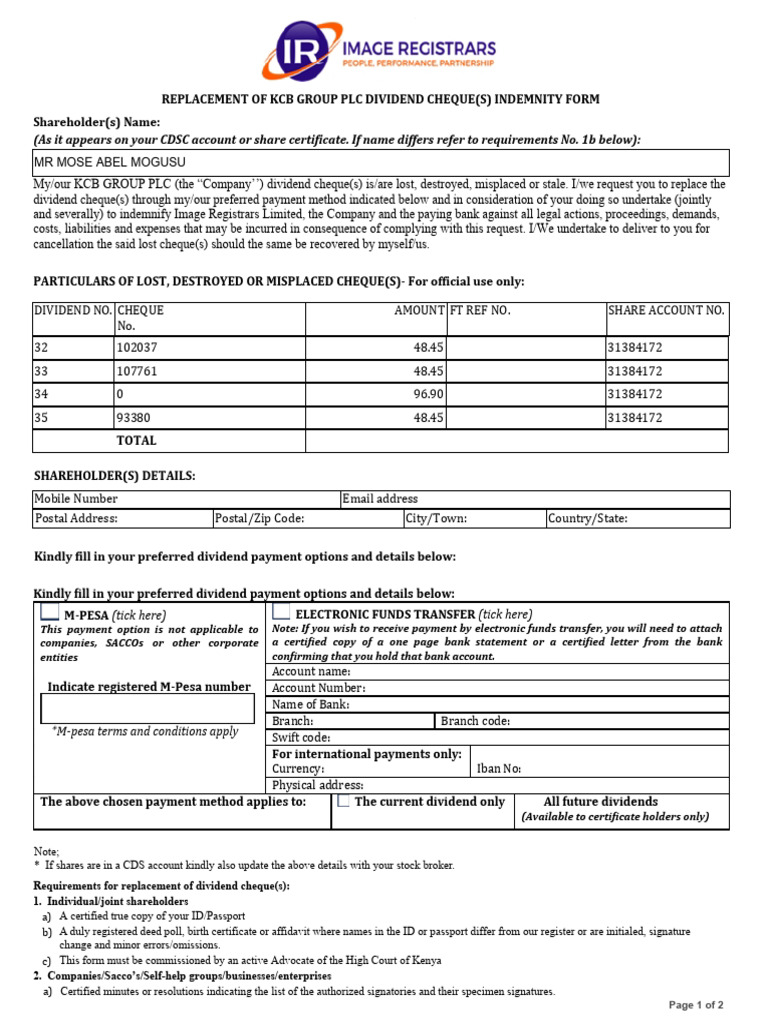 MR Mose Abel Mogusu KCB | PDF | Dividend | Cheque
