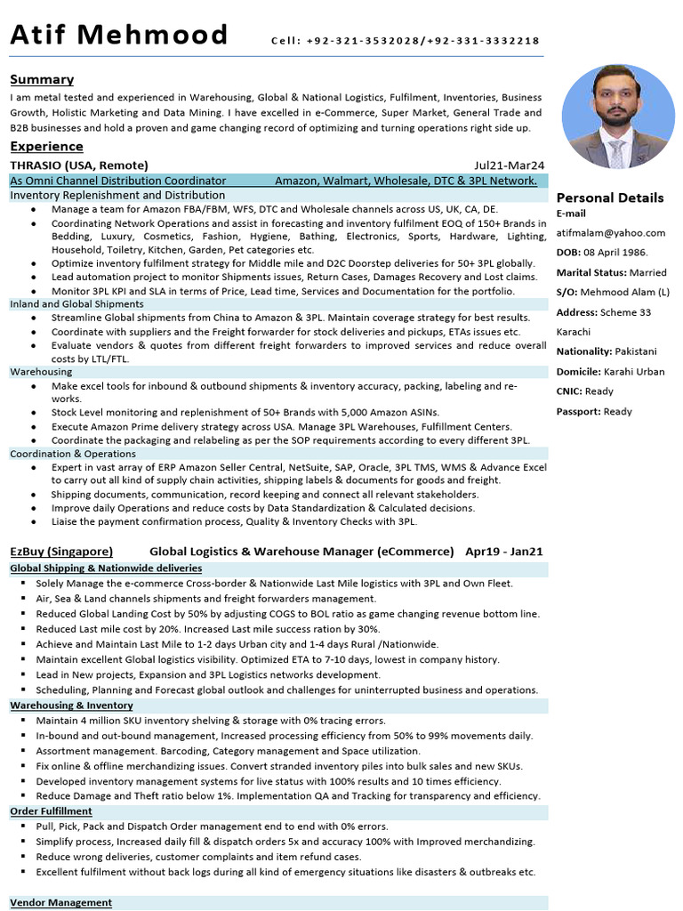 Atif Mehmood Detailed CV | PDF | Warehouse | E Commerce