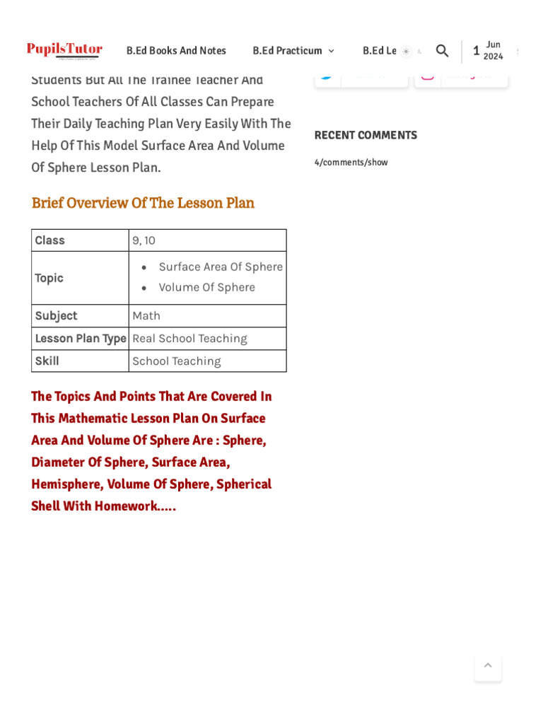 Surface Area and Volume of Sphere Lesson Plan For B.Ed - DELED and ...