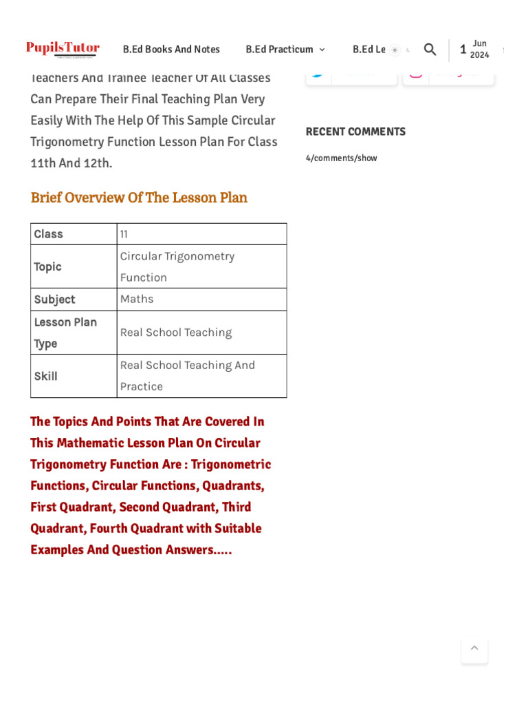 Circular Trigonometry Function Lesson Plan - Class 11 Math Lesson Plan ...