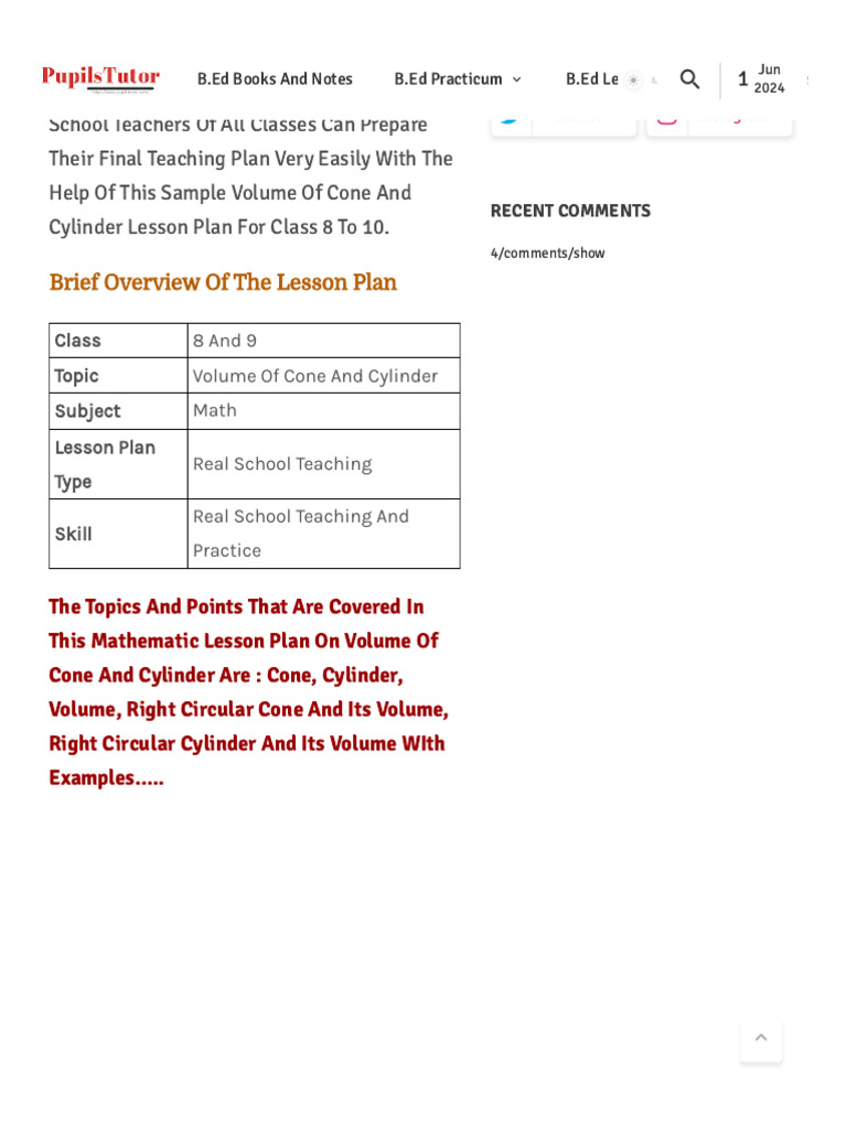Volume of Cone and Cylinder Lesson Plan For B.Ed - DELED and School ...