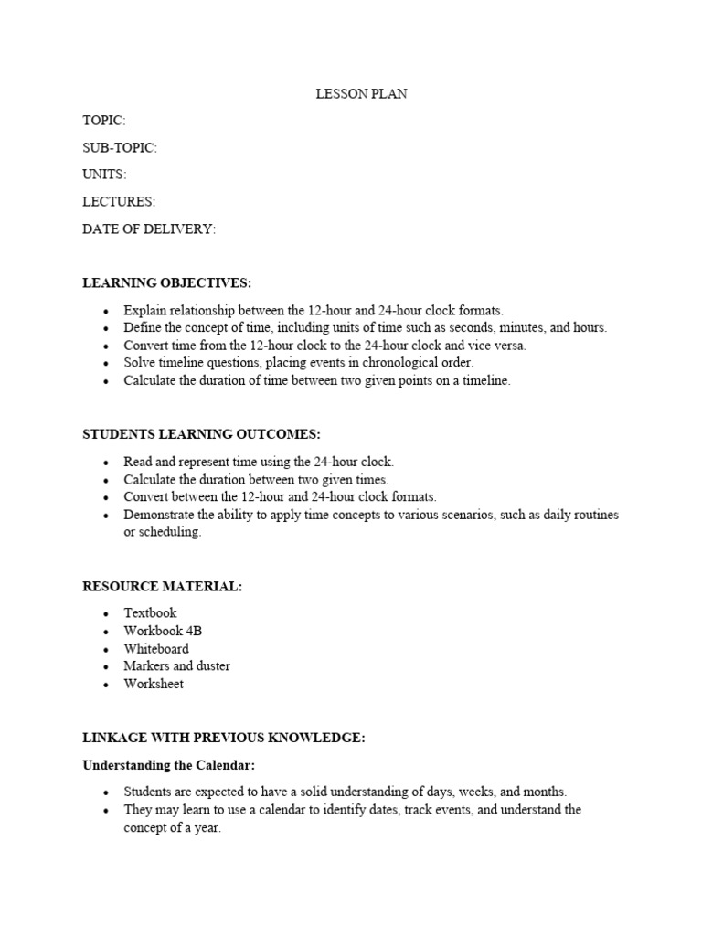 LESSON PLAn of Time | PDF | Time | Clock