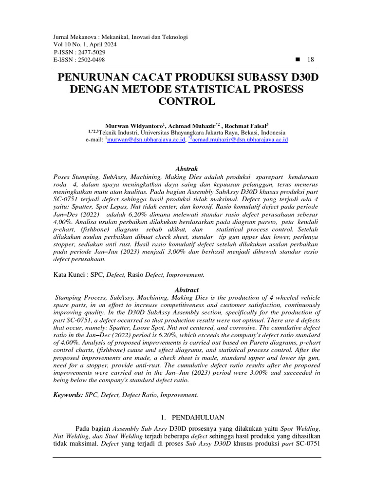 Penurunan Cacat Produksi Subassy D30D Dengan Metode Statistical Prosess ...