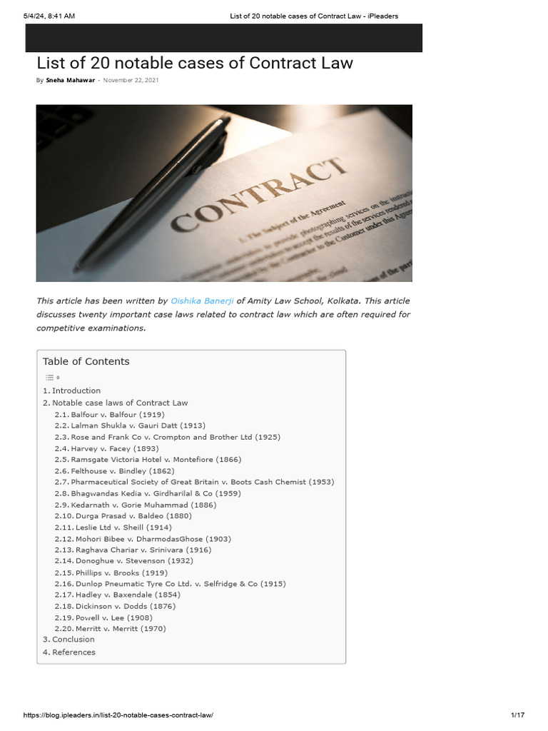 List of 20 Notable Cases of Contract Law - Ipleaders | PDF | Negligence ...
